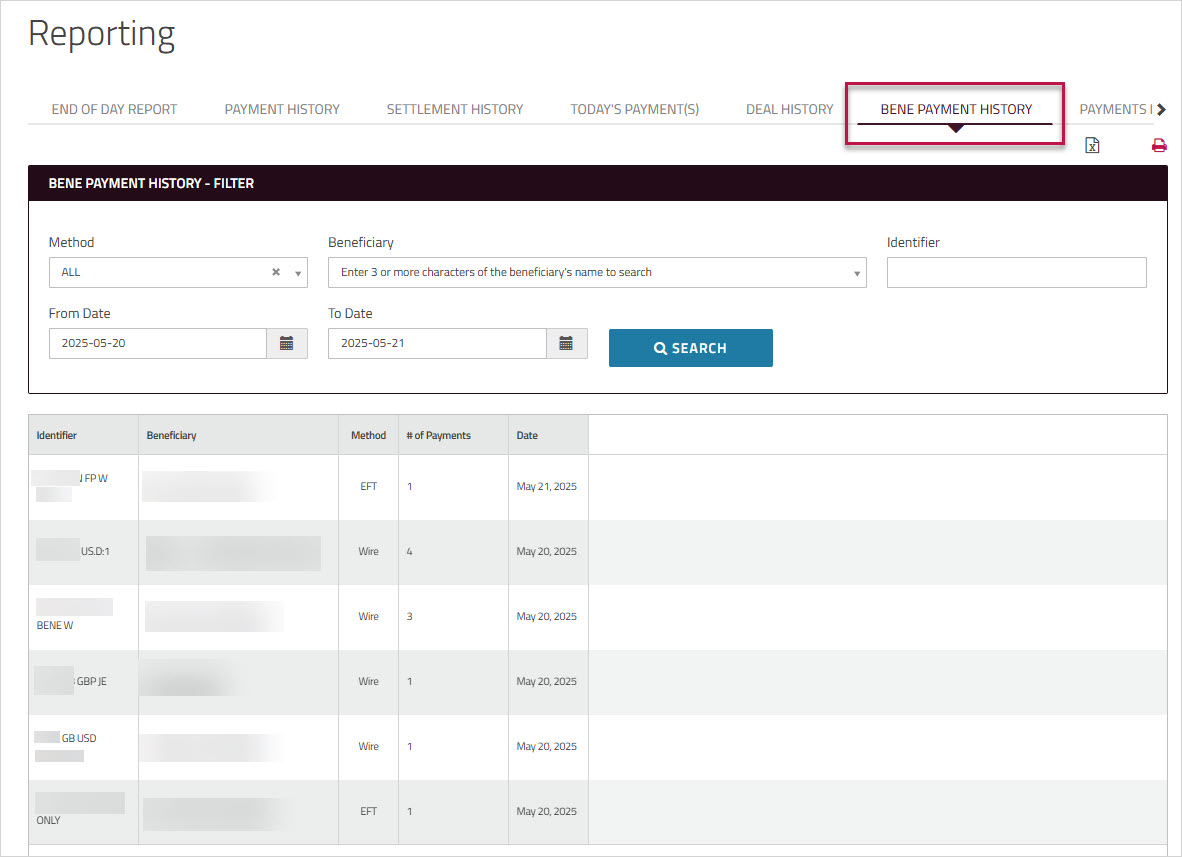 Bene Payment History report